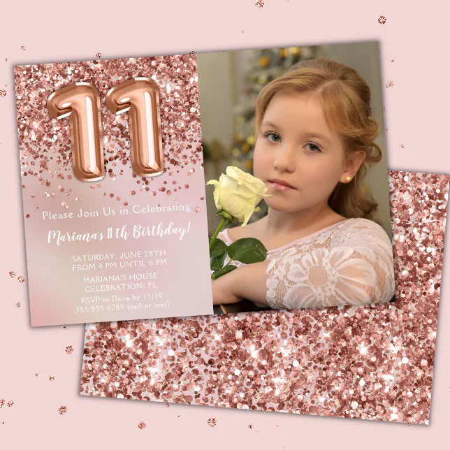 Photo Rose Gold Kids Girl 11th Birthday Party Invitation | Zazzle