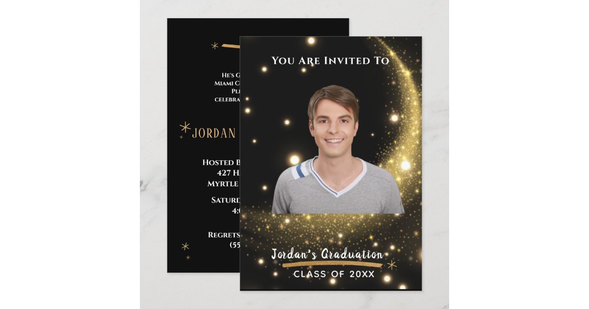 Photo Whimsical Glitter Moon Stars Graduation Invitation | Zazzle