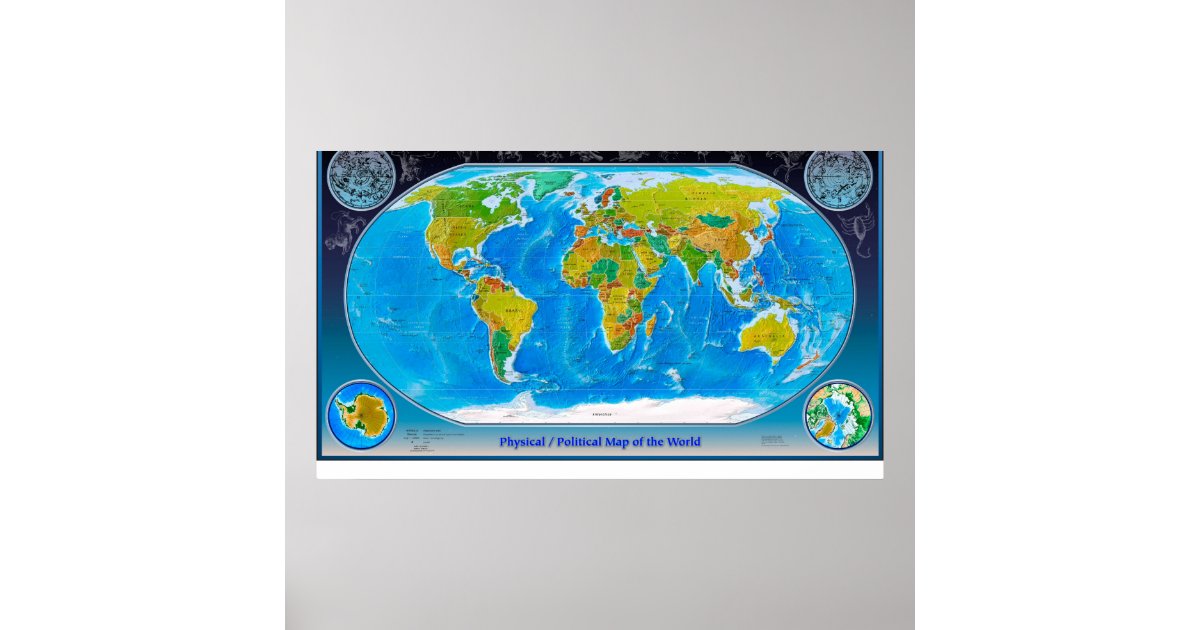 Physical And Political World Map Poster Zazzle