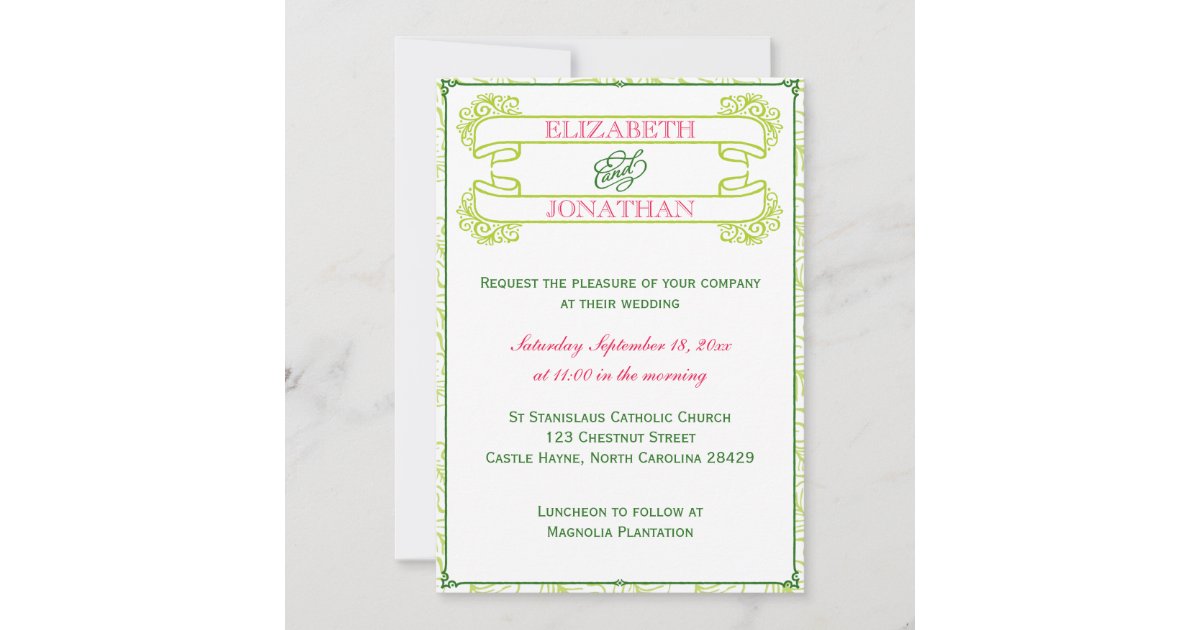 Pink and Green Banner Wedding Invitation | Zazzle