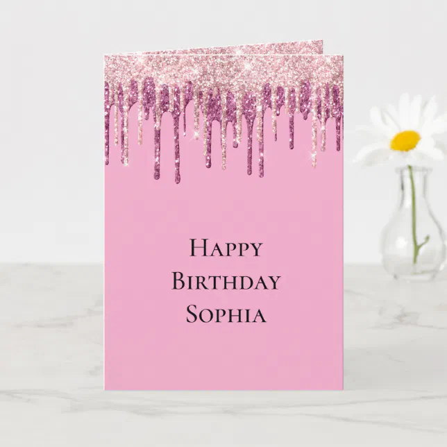Pink Blush Ice Cream Glitter Drips Birthday Card | Zazzle
