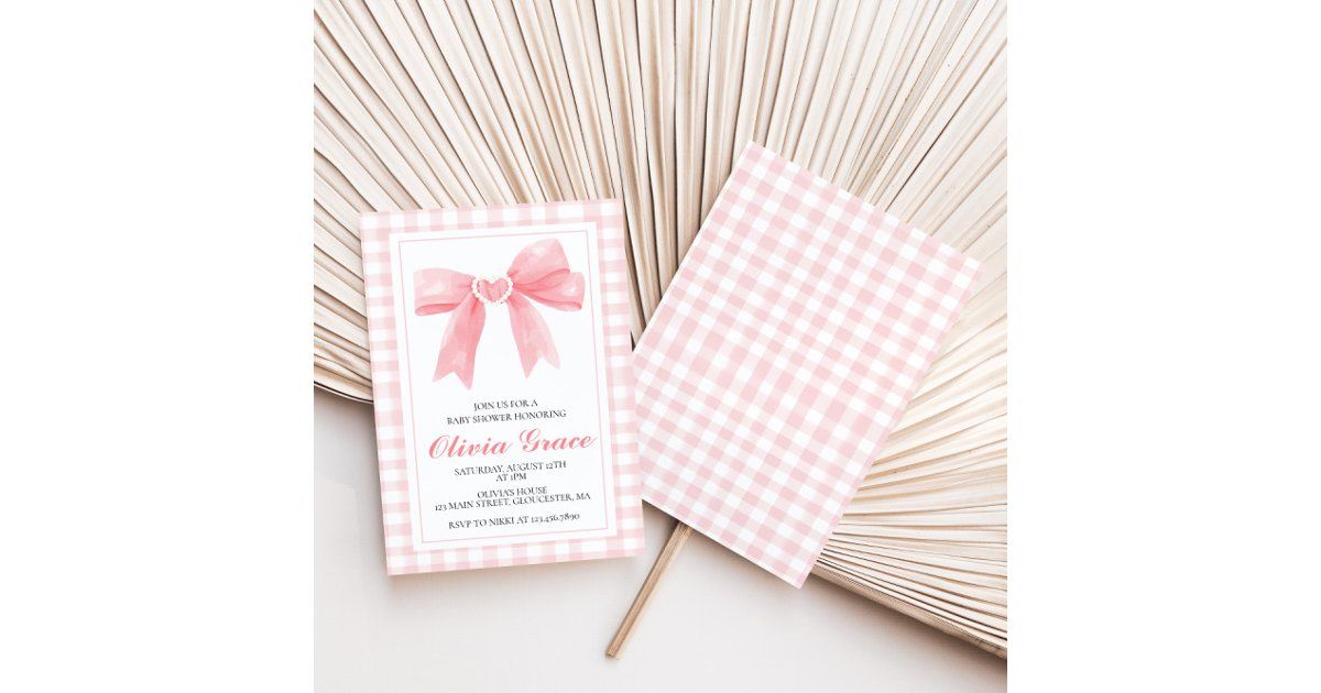 Pink bow and gingham preppy baby shower invitation | Zazzle