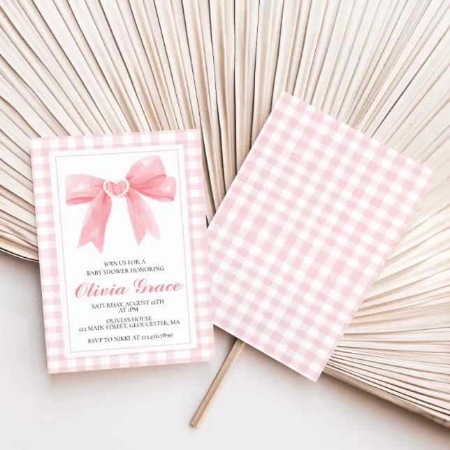 Pink bow and gingham preppy baby shower invitation | Zazzle