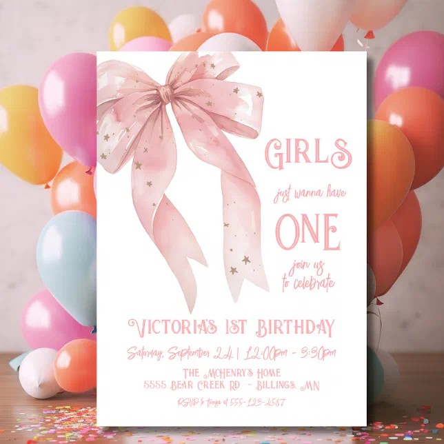 Pink Bow Girls just want to be One 1st Birthday Invitation | Zazzle