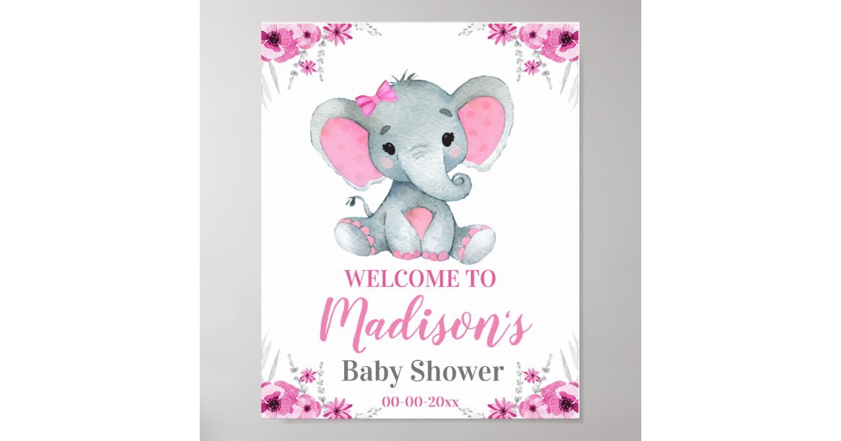 Pink Elephant Welcome Sign, Girl Rustic Shower Poster | Zazzle