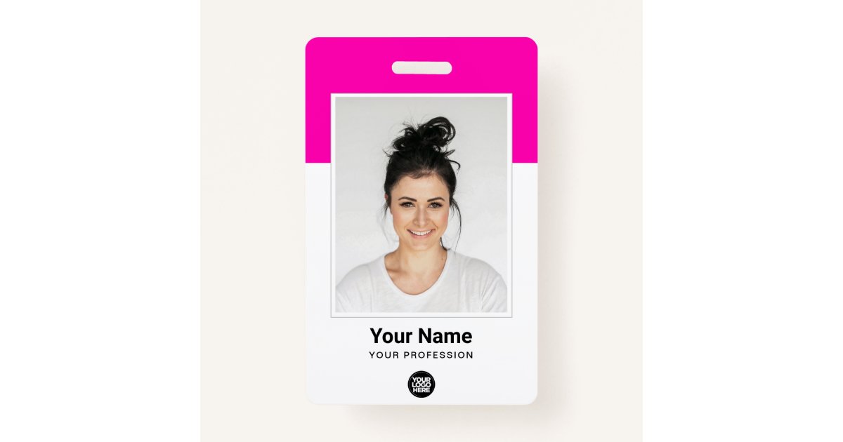 Pink Employee huge Photo Qr Bar Code Logo Name ID Badge | Zazzle