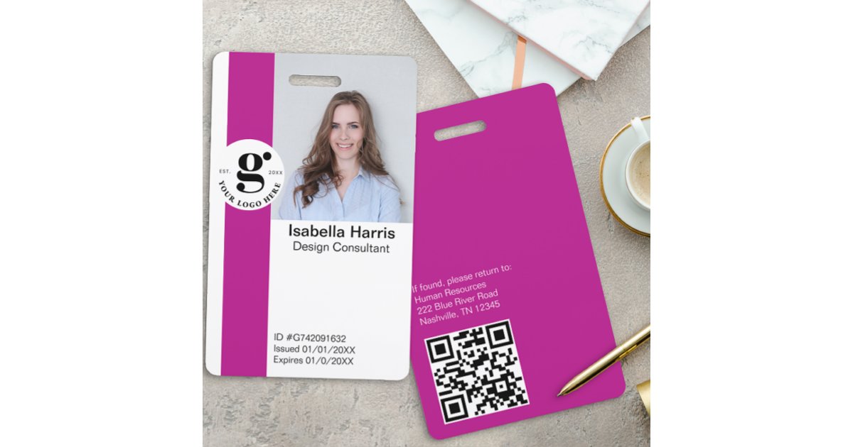 Pink Employee ID Badge with Photo & QR Code | Zazzle