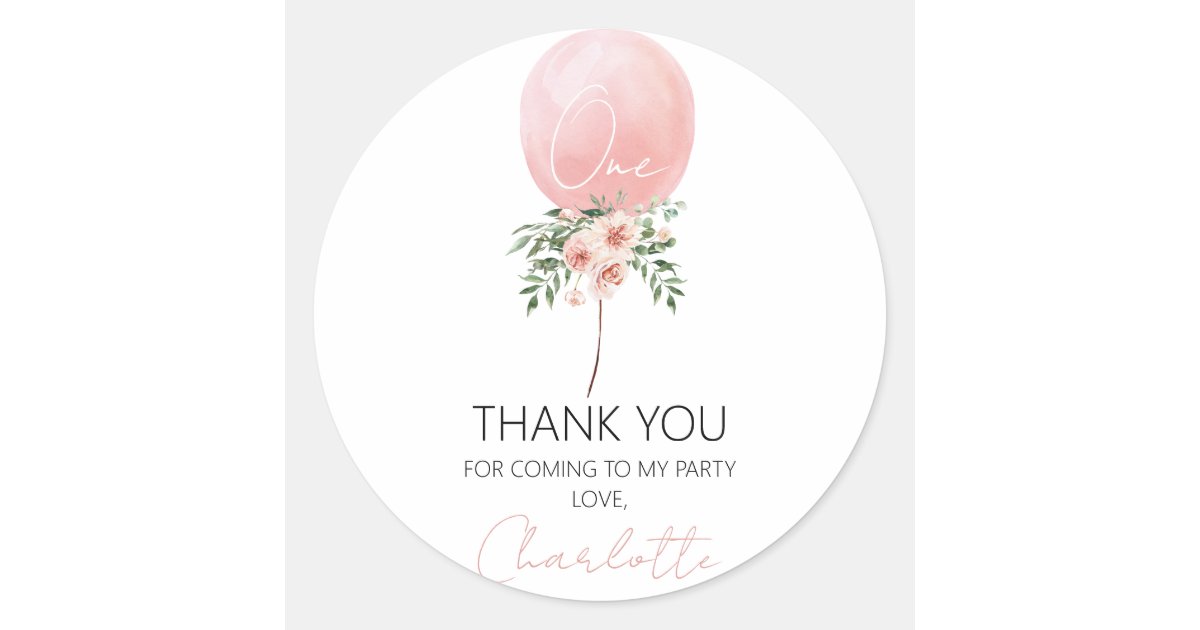 Pink Floral Balloon First Birthday Thank You Stick Classic Round ...