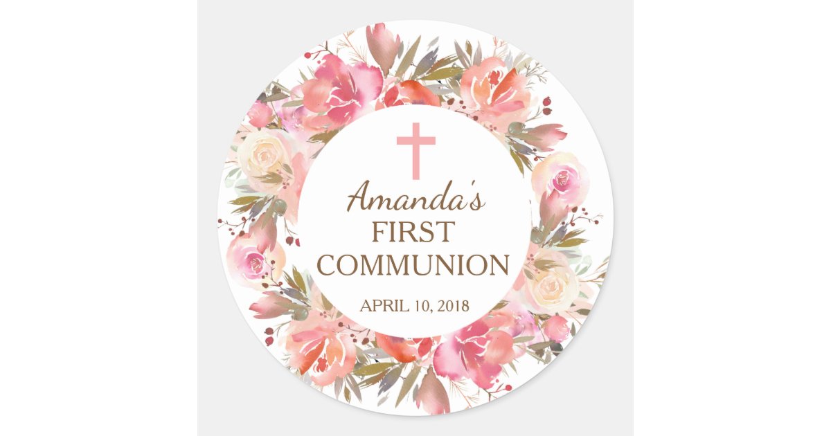 Pink Floral First Holy Communion Sticker | Zazzle