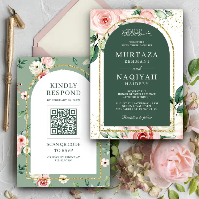 Pink Floral Green Arch QR Code Muslim Wedding Invitation | Zazzle