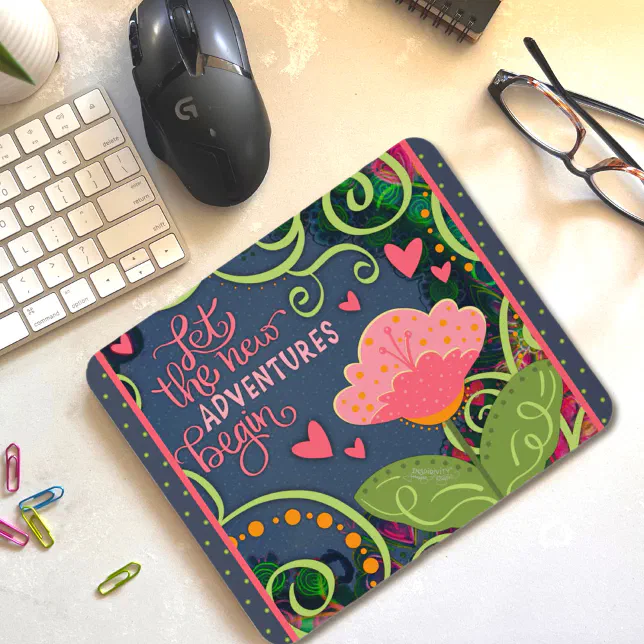 Pink Floral Heart Adventutes Cheerful Pretty Mouse Pad | Zazzle