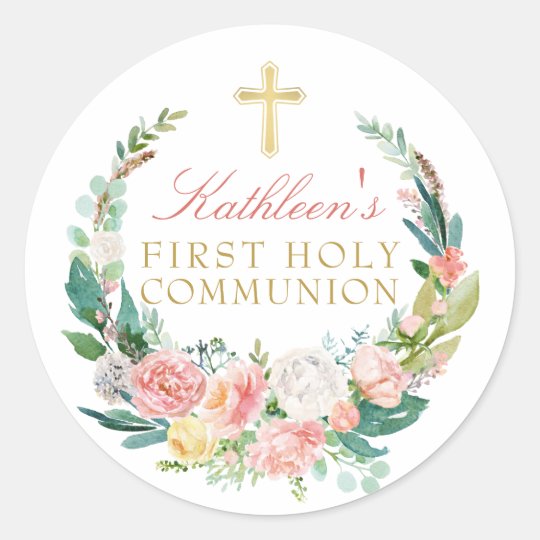 Pink Floral Wreath First Holy Communion Classic Round Sticker | Zazzle ...