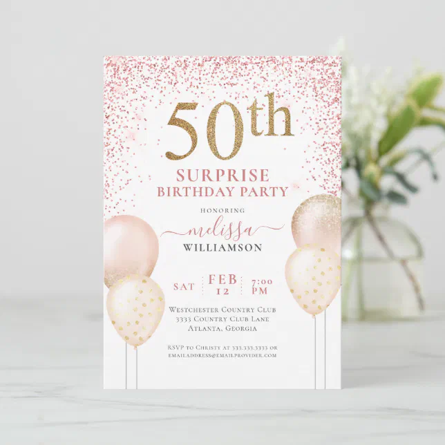 Pink Glitter Calligraphy Surprise 50th Birthday Invitation | Zazzle
