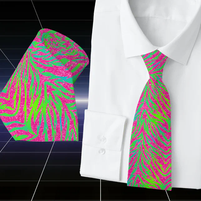 Pink Glitter with Neon Blue Green Tiger Stripes Tie | Zazzle