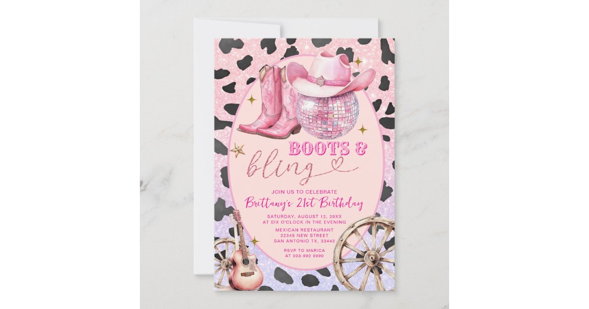 Pink Glittter Boots and Bling 20th Birthday Invitation | Zazzle