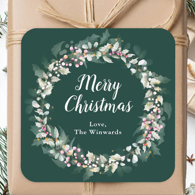 Pink Holly Wreath Merry Christmas Square Sticker | Zazzle