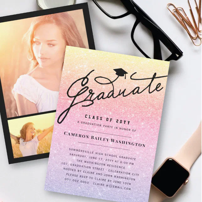 Pink Lilac Glitter Graduate Graduation Cap Party Invitation | Zazzle