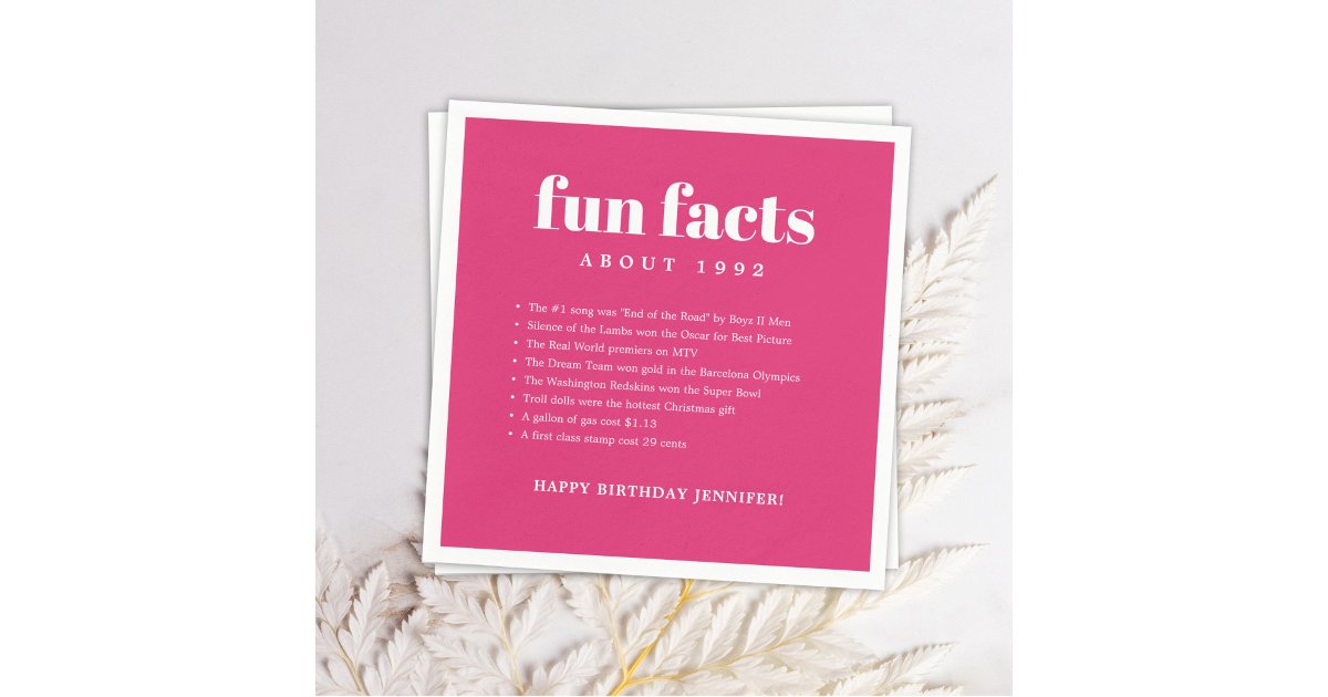 Pink Modern Minimal Fun Facts Birthday Year Napkin | Zazzle