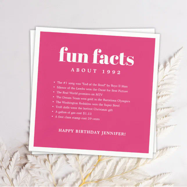 Pink Modern Minimal Fun Facts Birthday Year Napkin | Zazzle