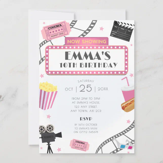 Pink Movie Night Birthday Party Invitation Cinema | Zazzle