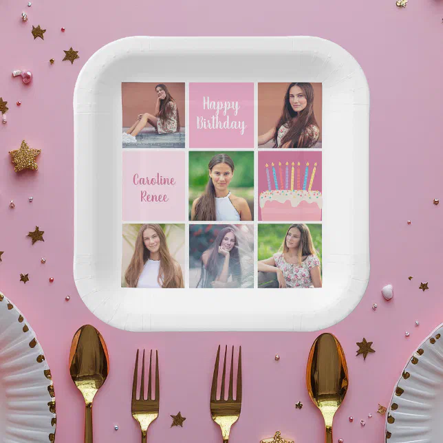 Pink Photo Collage Custom Women's Birthday Party Paper Plate | Zazzle