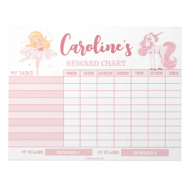 Pink Princess Reward Chart Personalised Name Tasks Notepad | Zazzle