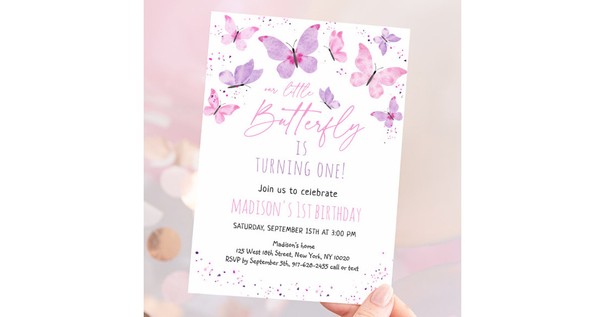 Pink Purple Butterfly Birthday Invitation | Zazzle