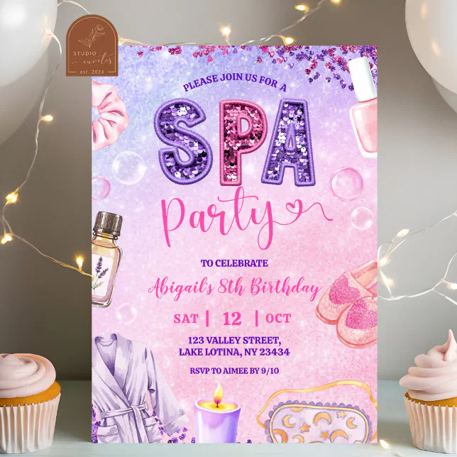 Pink Purple sequin SPA Party Birthday Invitation | Zazzle