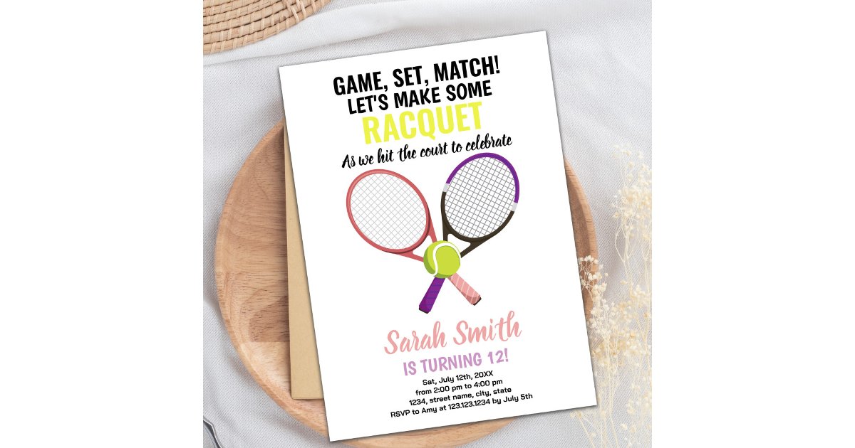 Pink Purple Tennis Birthday Invitations | Zazzle