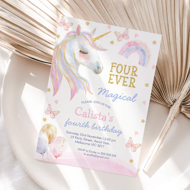 Pink Purple Unicorn Four Ever Magical 4th Birthday Invitation | Zazzle