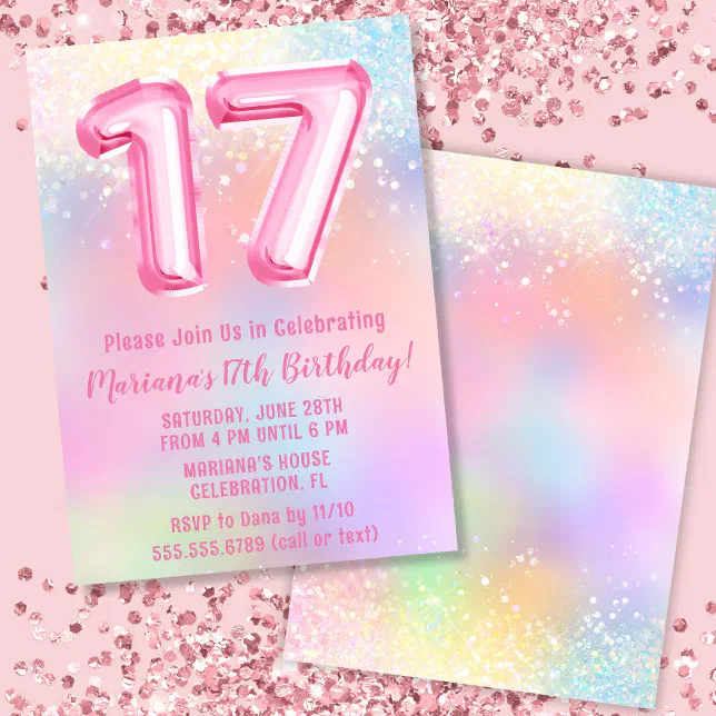 Pink Rainbow 17th Birthday Invitation | Zazzle