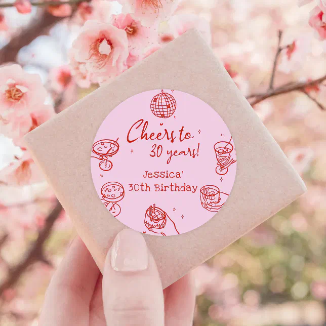 Pink Retro Hand drawn Funky Cocktail Birthday Classic Round Sticker ...