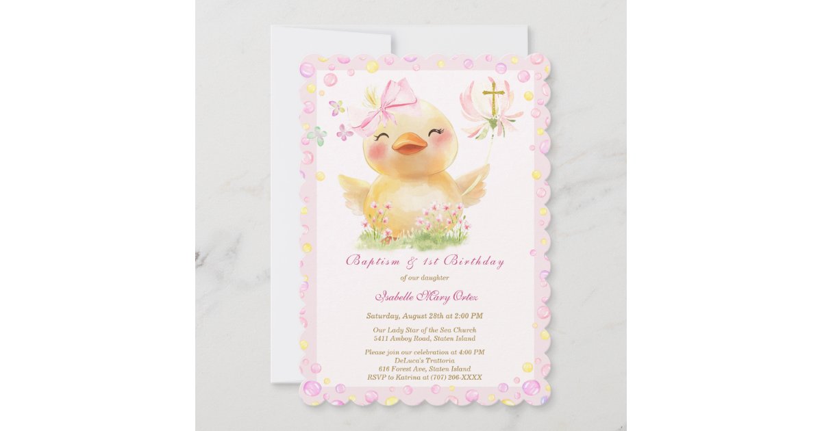 Pink Rubber Duck Baptism and Birthday Invitation | Zazzle