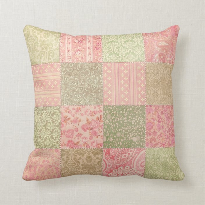 Pink, Sage Green Floral Patchwork Quilt Pattern Cushion | Zazzle.com.au