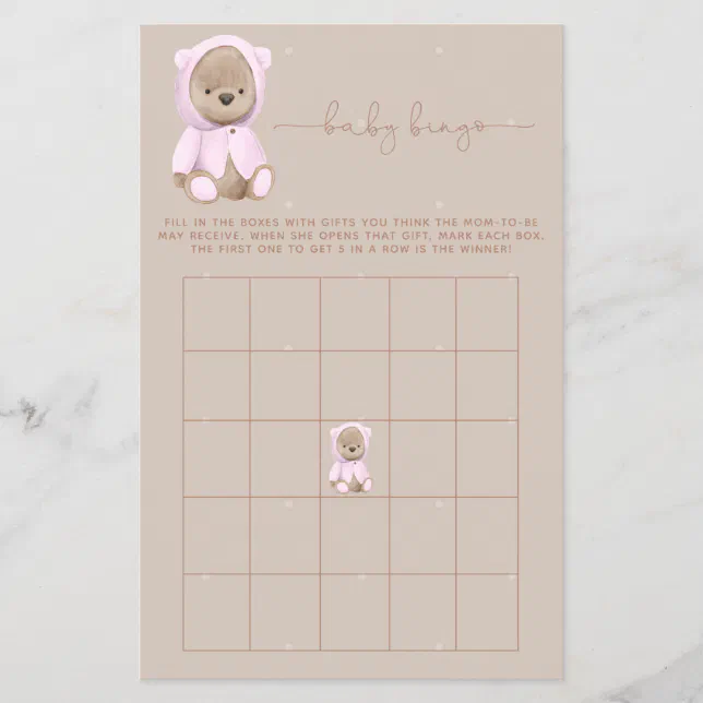 Pink Teddy Bear Baby Shower Bingo Game Flyer | Zazzle