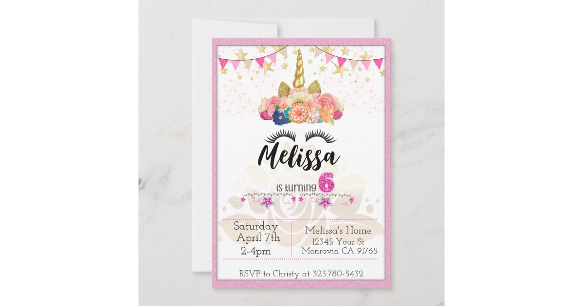 Pink Unicorn turning 6 Birthday party invitation | Zazzle