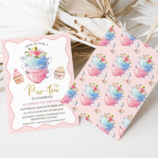 Pink Wave Floral Par-tea Tea Party Birthday Invitation | Zazzle