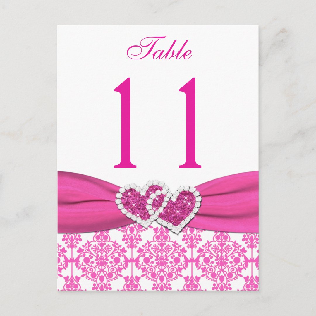 Pink, White Damask Joined Hearts Table Number Postcard | Zazzle