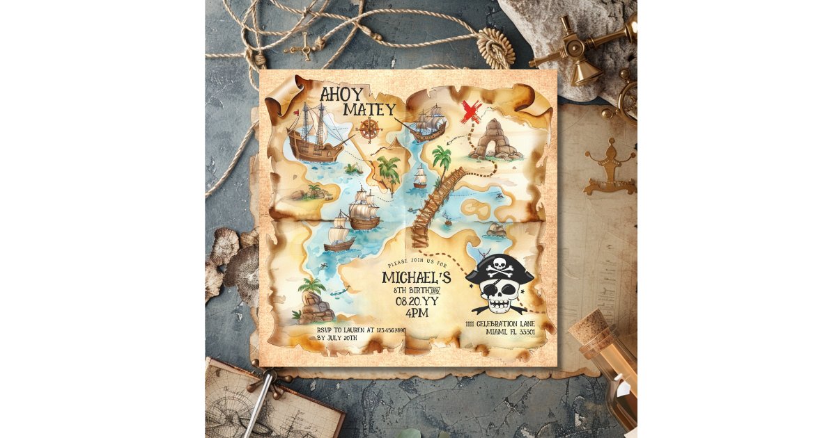 Pirate Themed Treasure Map Birthday Party Invitation | Zazzle