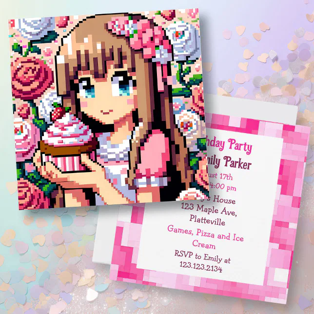 Pixel Art Girl's Pink Birthday Party Invitation | Zazzle