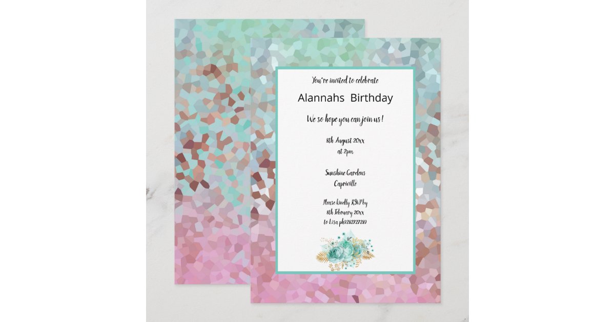 Pixelated Dream Aqua Floral Birthday Invitation | Zazzle