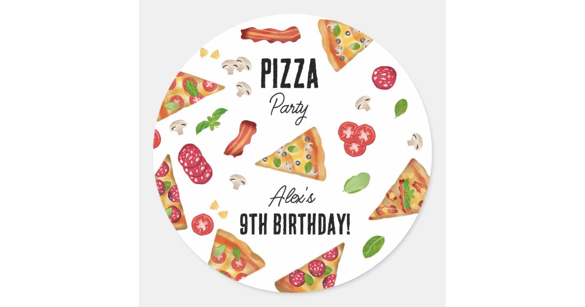 Pizza Party Theme Watercolor Kids Birthday Party Classic Round Sticker ...