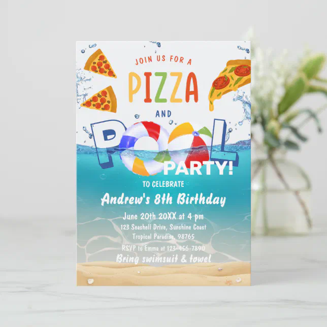 Pizza & Pool Party Summer Water Birthday Invitation | Zazzle