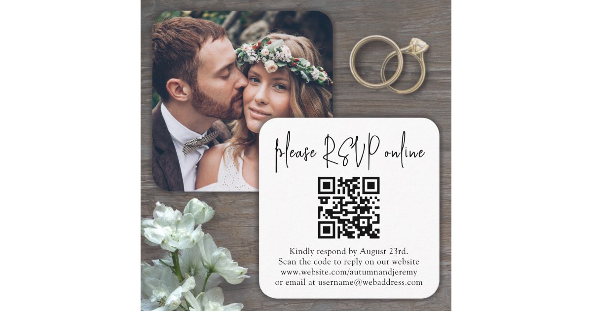 Please RSVP Online Wedding QR Code & Photo Square Enclosure Card | Zazzle