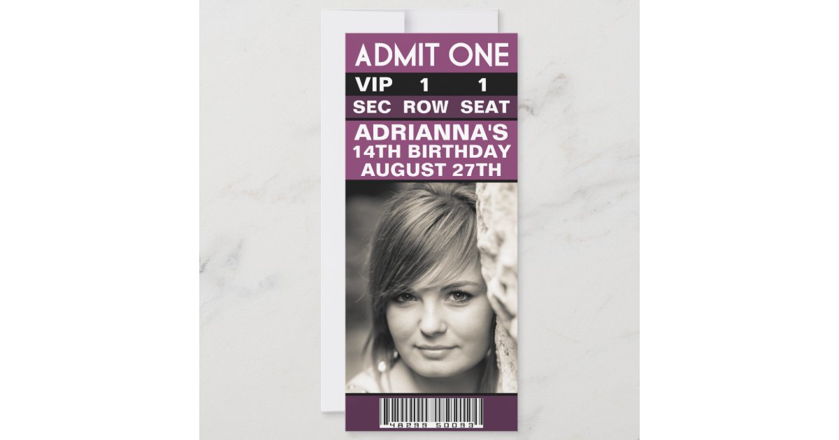 Plum Purple VIP Photo Ticket Birthday Party Invitation | Zazzle