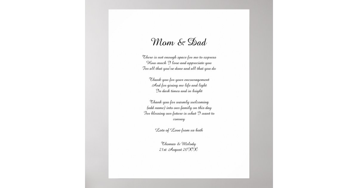 Poem Parents Bride Groom Wedding Thank You Gift Poster | Zazzle