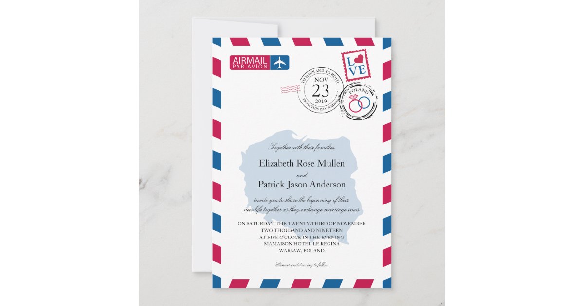 Poland Airmail Wedding Invitation | Zazzle