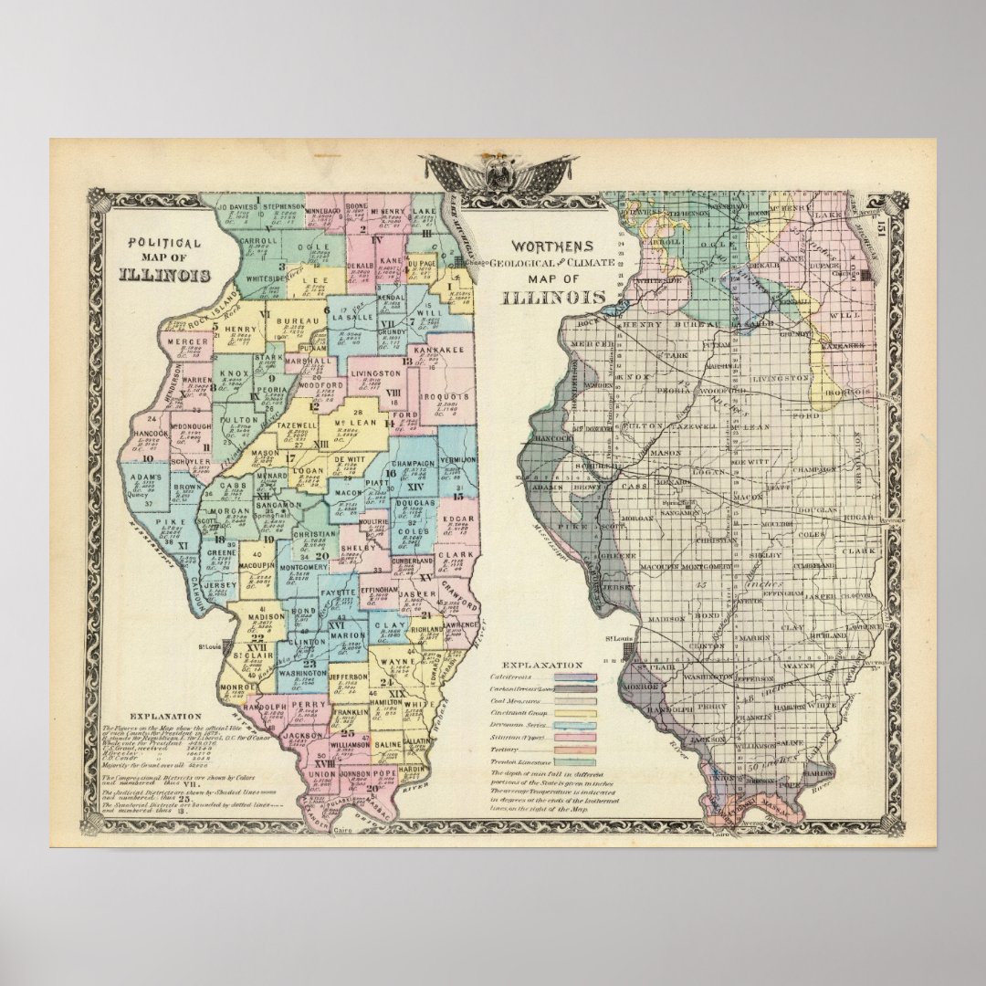 Political map of Illinois Poster | Zazzle