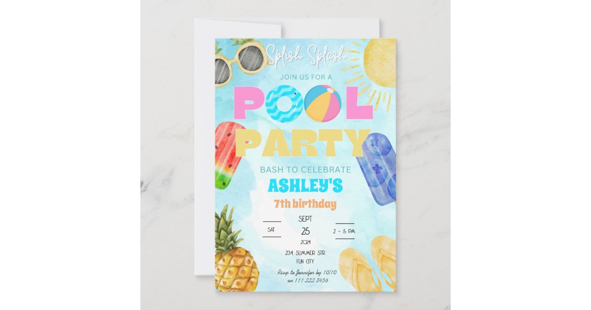 Pool Party Bash Kids Splish Splash Birthday Invitation | Zazzle