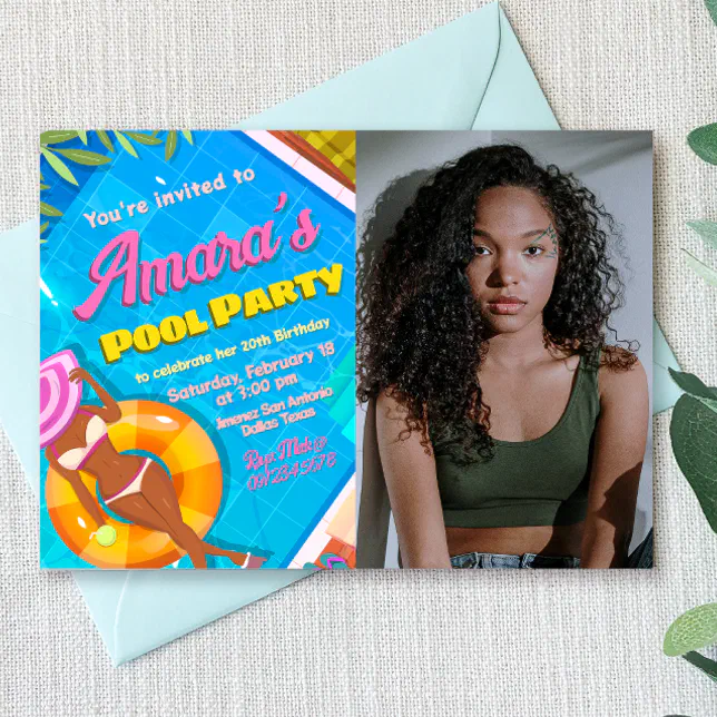 Pool Party - Girl with Photo Invitation | Zazzle